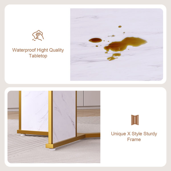 Mercer41 71 Inch Rectangular Dining Table With Gold Metal Frame White Marble Wooden Modern ...